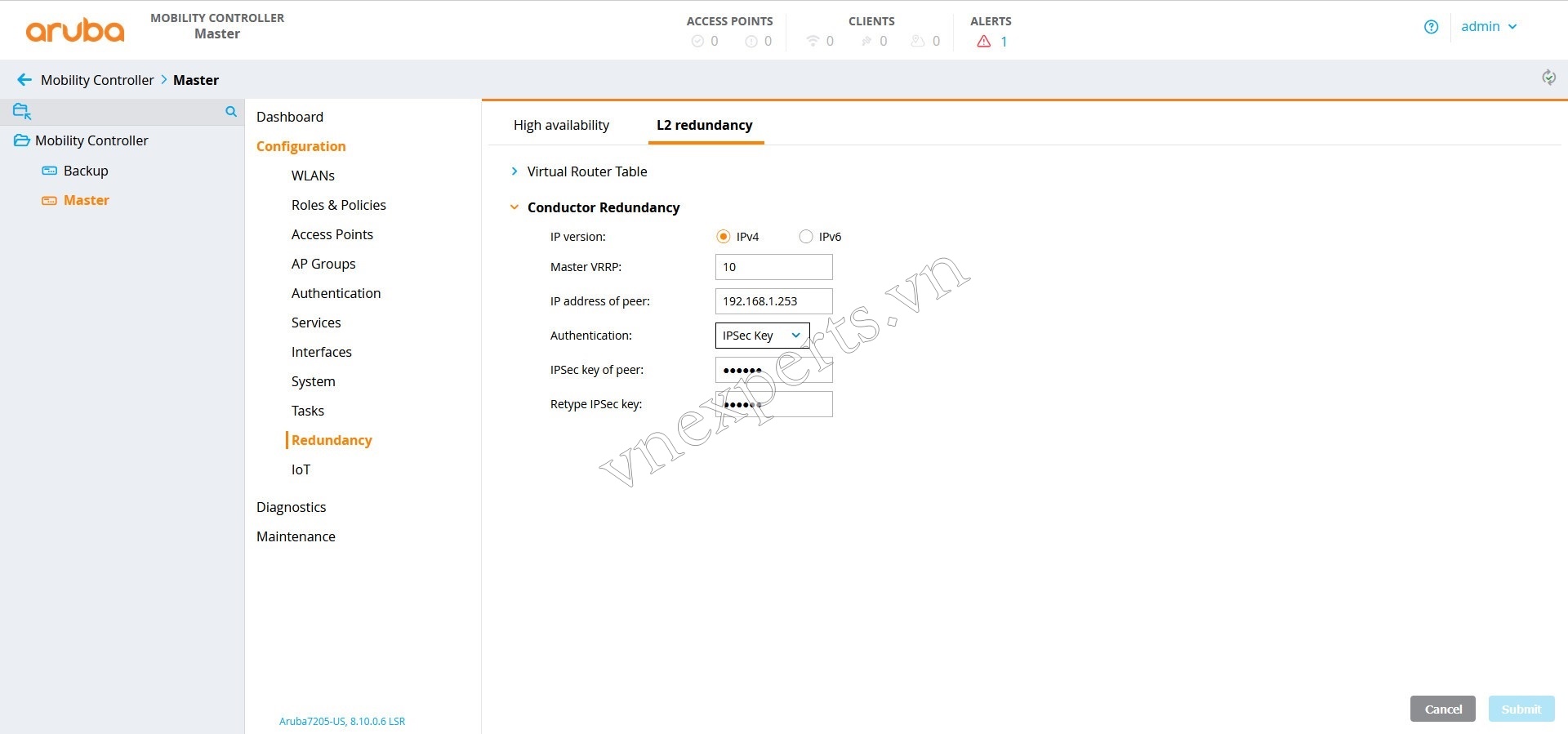 Cấu hình High Availability (HA) Aruba Controller khi không có Mobility ...
