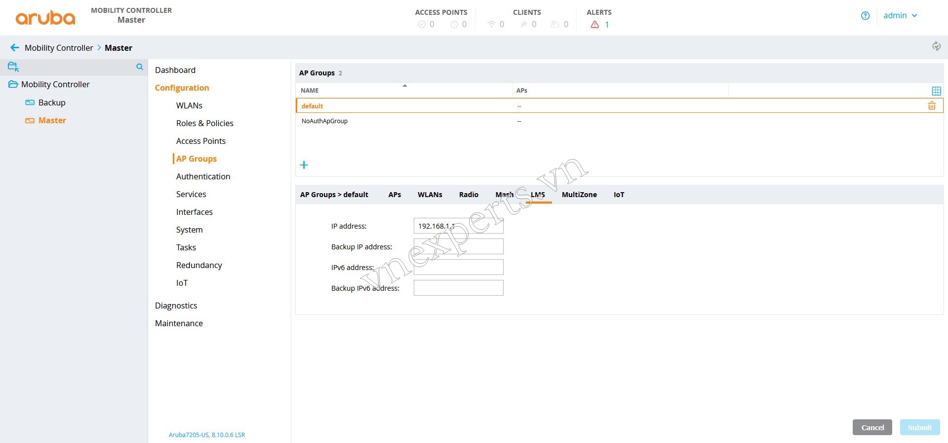 Cấu hình High Availability (HA) Aruba Controller khi không có Mobility ...