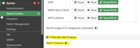 Configure FortiGate administrative access to never timeout