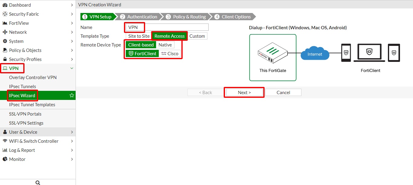 Hướng dẫn cấu hình VPN client to site (VPN remote access) Fortigate 6.x